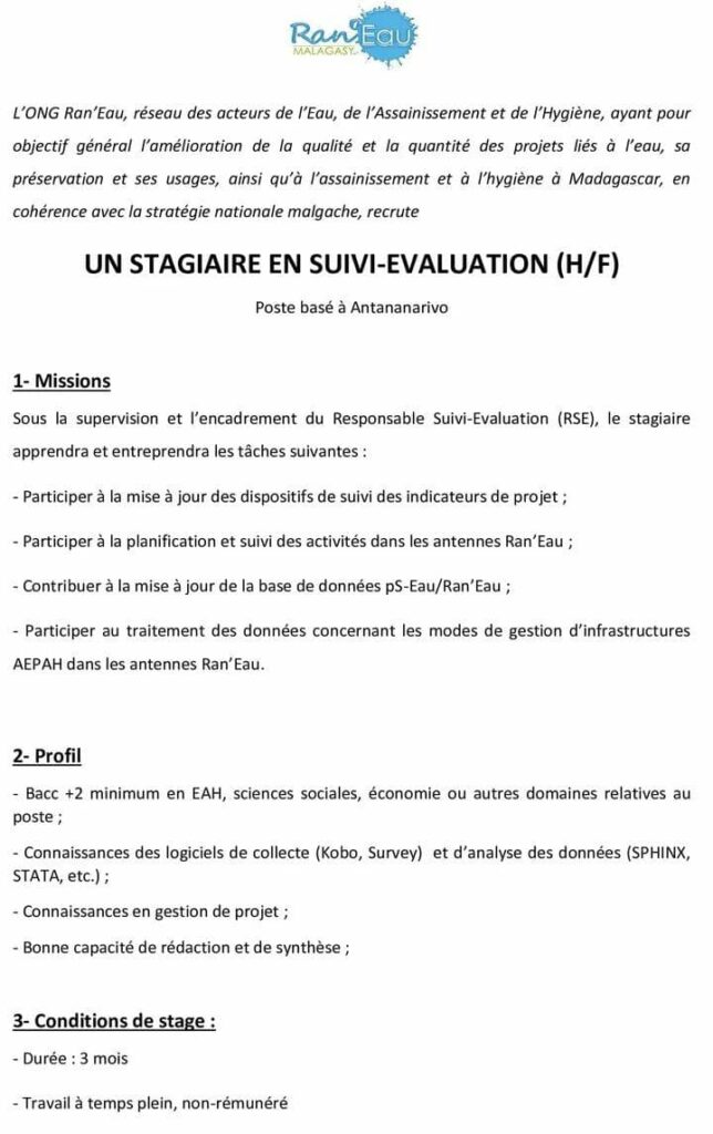 L'ONG Ran'Eau recherche un stagiaire en suivi - évaluation (H/F), Antananarivo, Madagascar ...