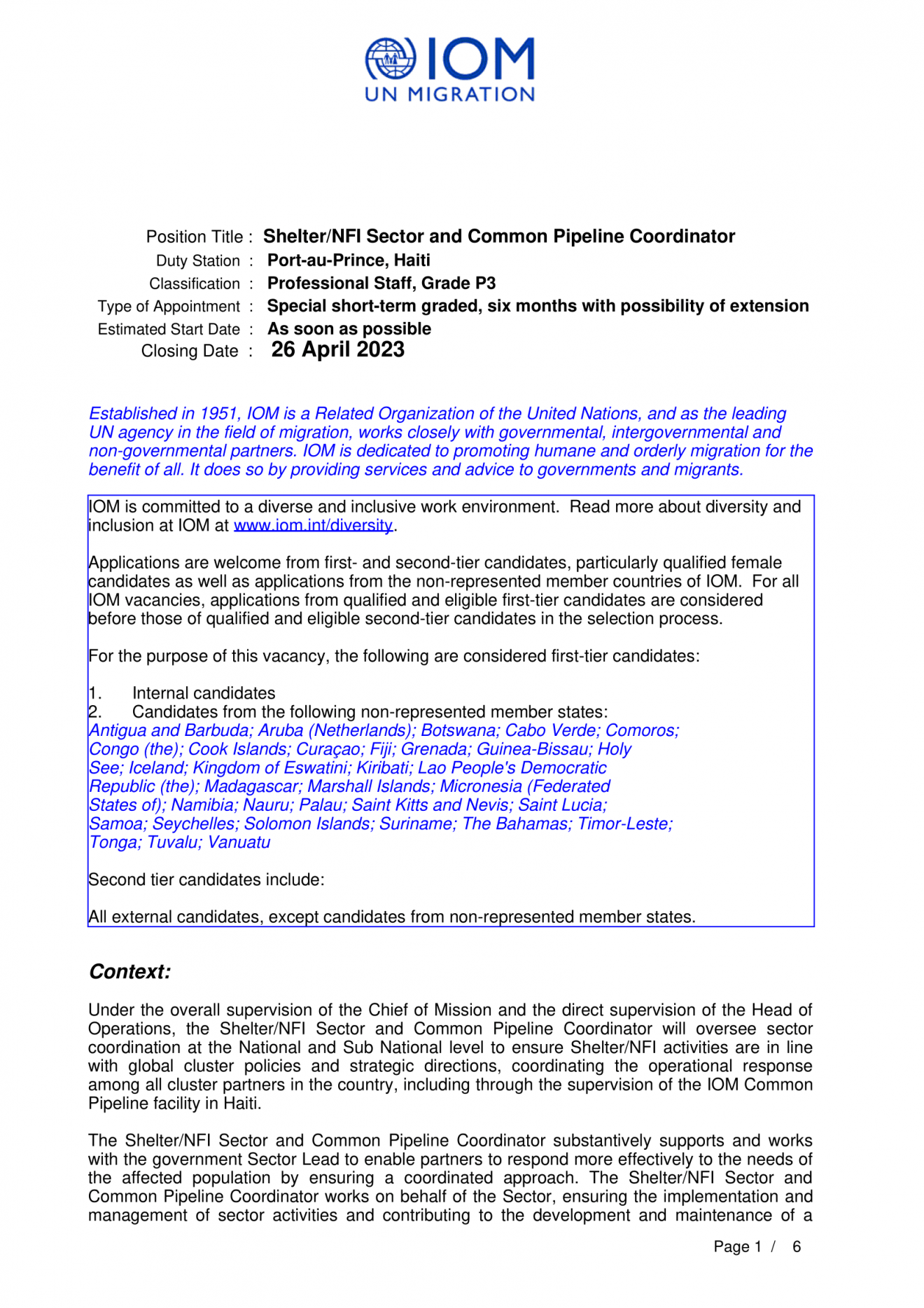 Appel à candidature : OIM recherche un(e) Coordinateur(trice) du ...