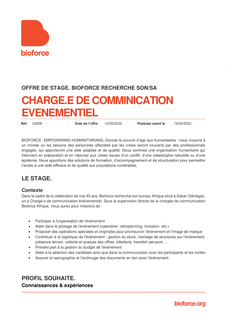 Avis de stage : Bioforce recrute un.e Stagiaire en communication ...