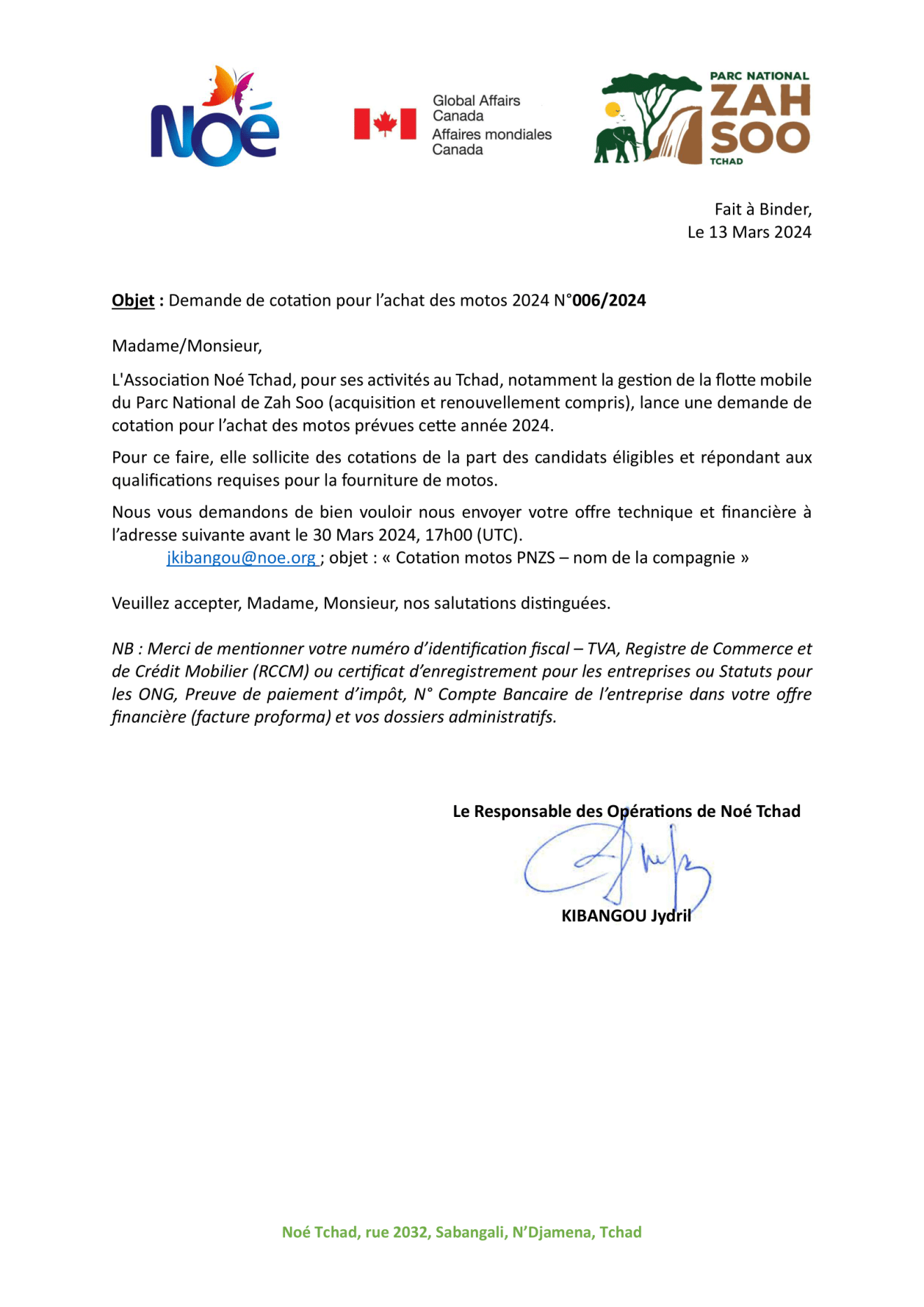 L'Association Noé Tchad lance une demande de cotation pour l’achat des ...
