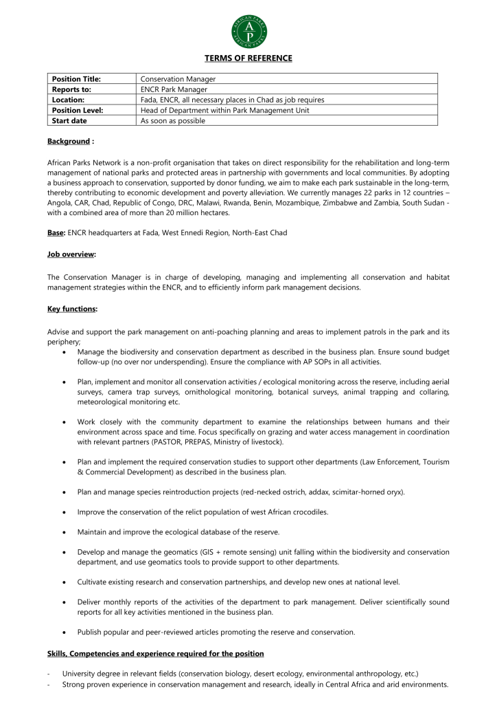 African Parks Network recrute un Responsable de la Conservation (H/F ...