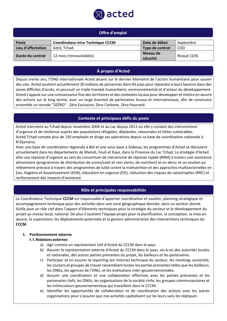 Acted recrute un(e) Coordinateur(rice) Technique CCCM, Adré, Tchad ...