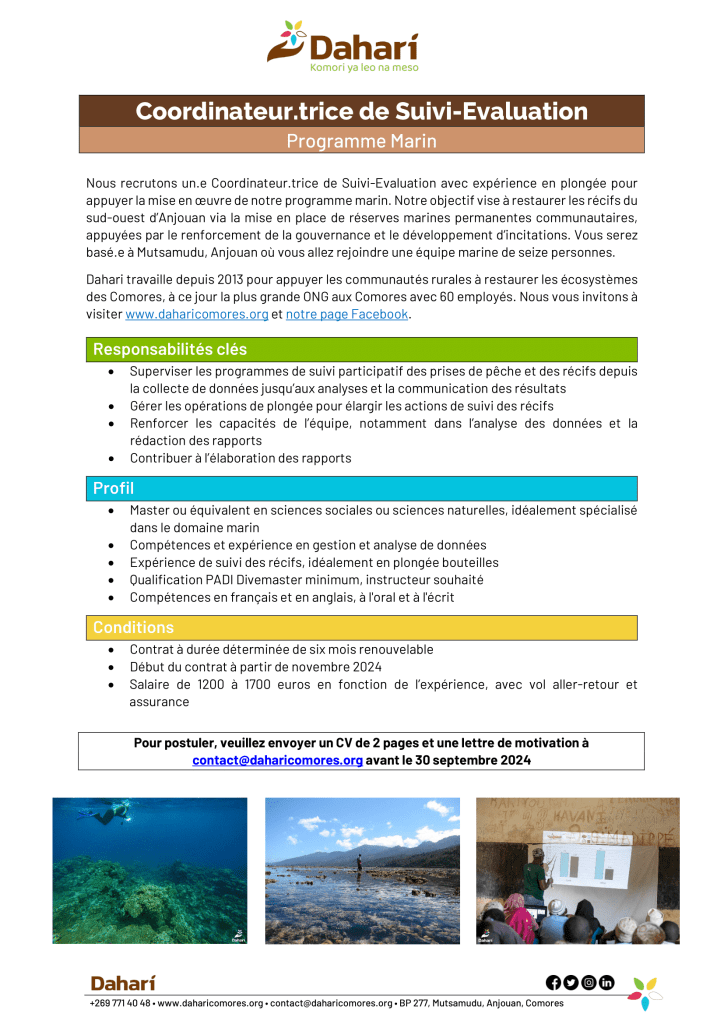 Dahari recrute un(e) Coordinateur(rice) de Suivi-Évaluation, Anjouan ...