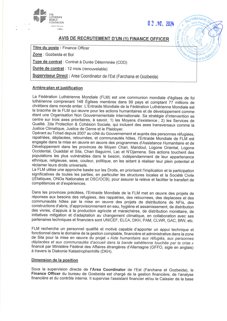 La Fédération Luthérienne Mondiale recrute un Finance Officer, Gozbeida ...