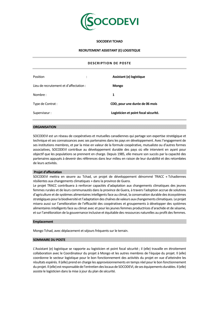 SOCODEVI recrute un(e) Assistant(e) Logistique, Mongo, Tchad ...