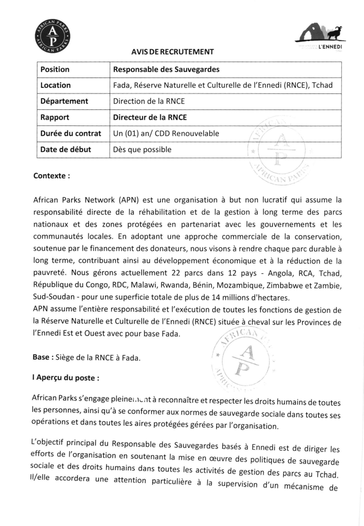 African Parks recrute un(e) Responsable des Sauvegardes, Fada, Tchad ...