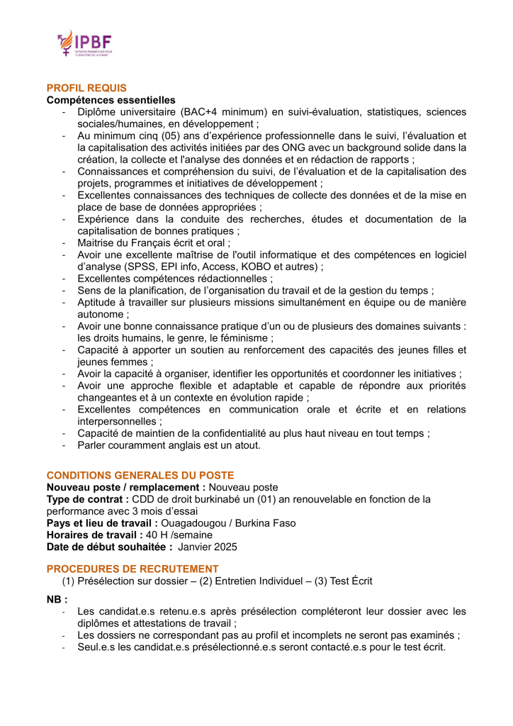L’Initiative Pananetugri pour le Bien-être de la Femme (IPBF) recrute un(e) Responsable Suivi ...