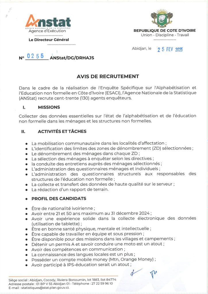 L’Agence Nationale de la Statistique (ANStat) de Côte d'Ivoire recrute ...