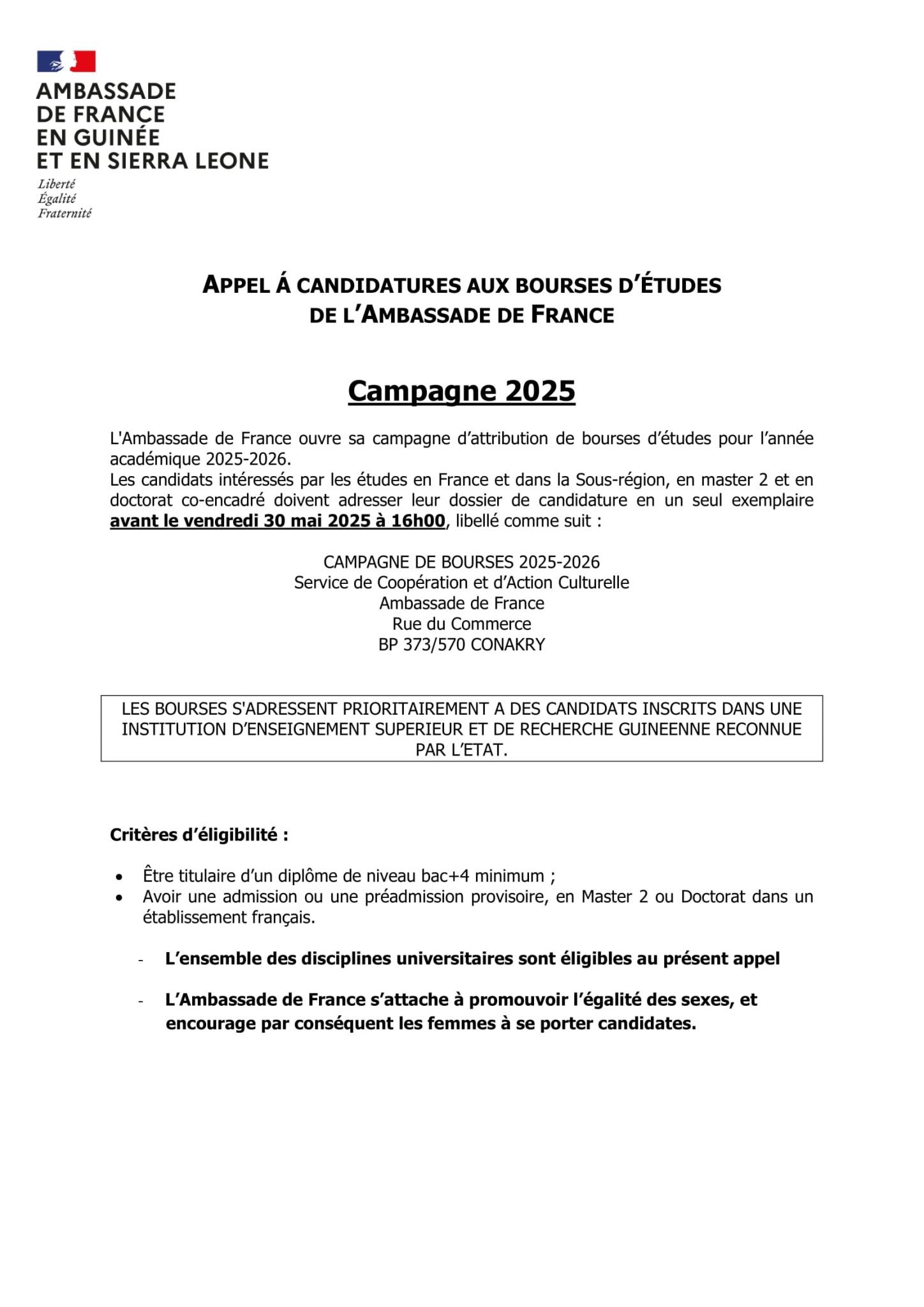 L’Ambassade de France lance sa campagne d’attribution de bourses d’études pour l’année ...