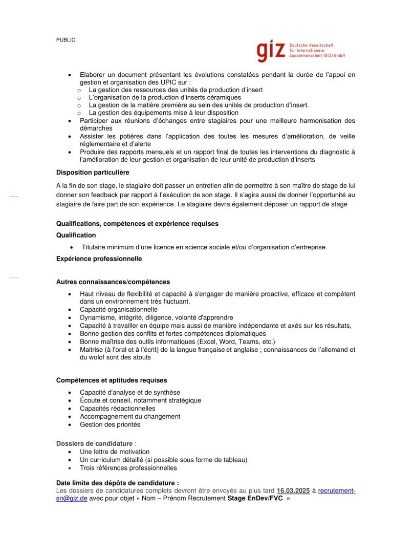 GIZ Sénégal lance un avis d'appel à candidature pour le recrutement de ...