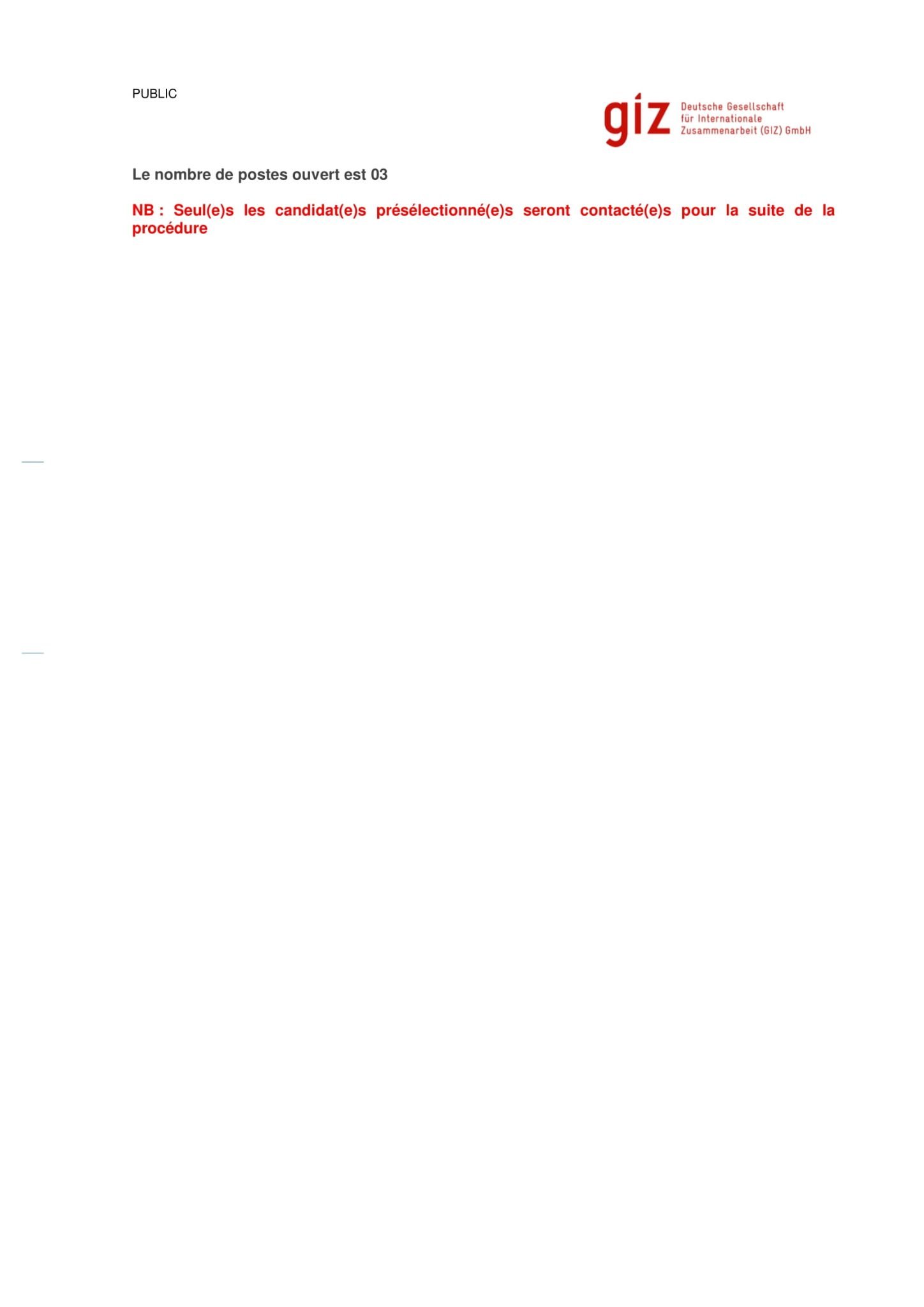 GIZ Sénégal lance un avis d'appel à candidature pour le recrutement de ...