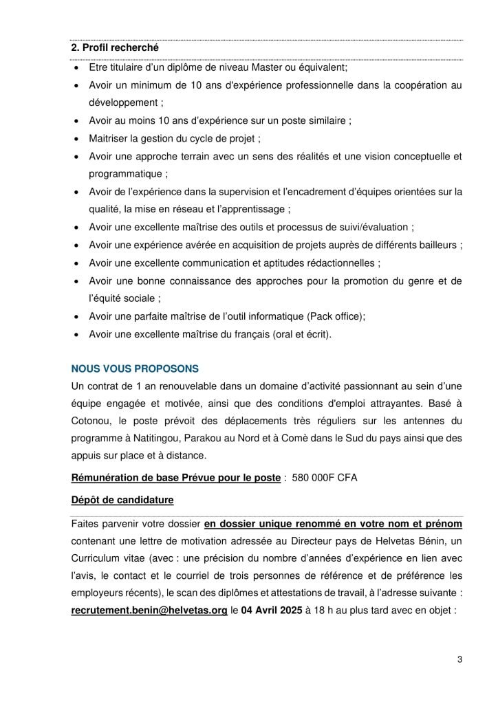HELVETAS recrute un(e) Responsable de Suivi, Evaluation, Redevabilité ...
