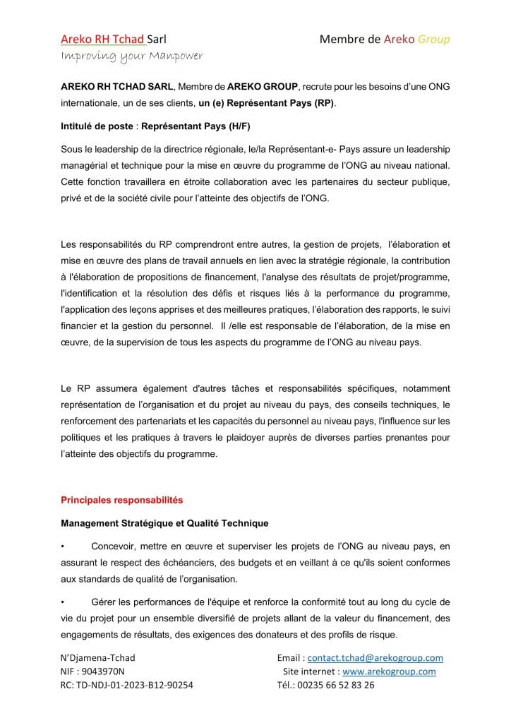 AREKO GROUP recrute pour les besoins d’une ONG internationale, un(e ...