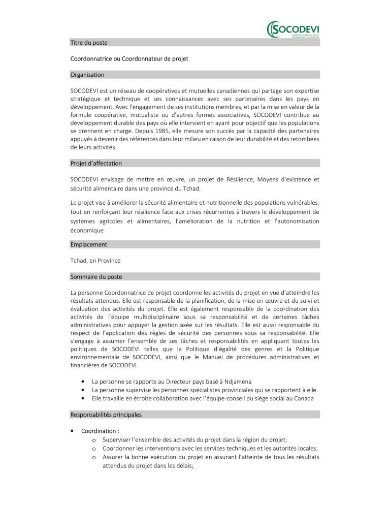 La Société de Coopération pour le Développement International (SOCODEVI ...