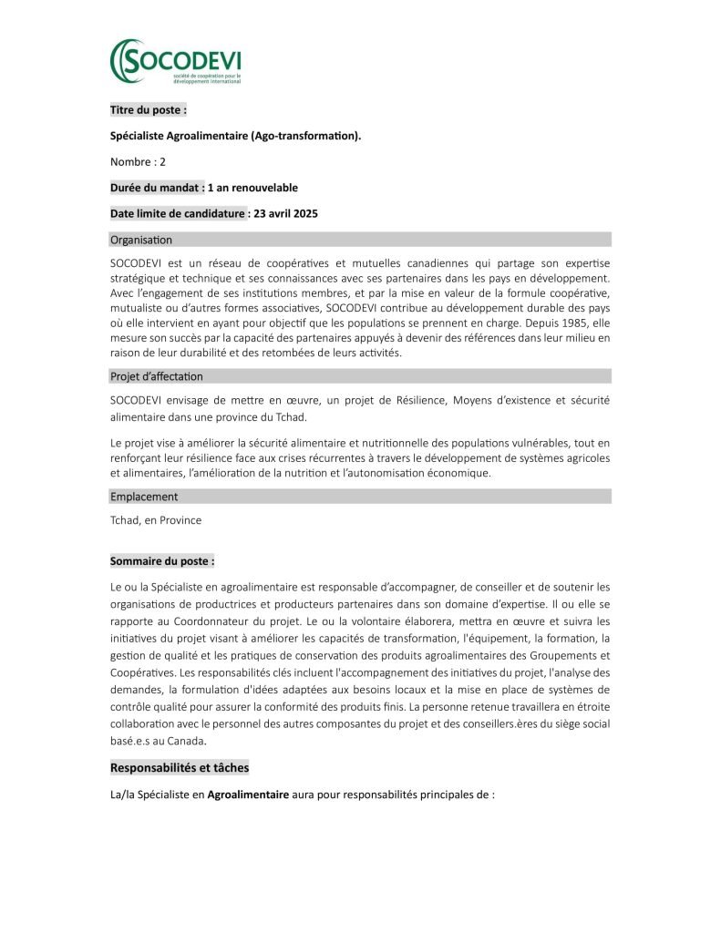 La Société de Coopération pour le Développement International (SOCODEVI ...