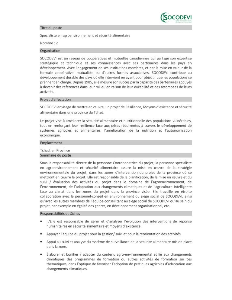 La Société de Coopération pour le Développement International (SOCODEVI ...