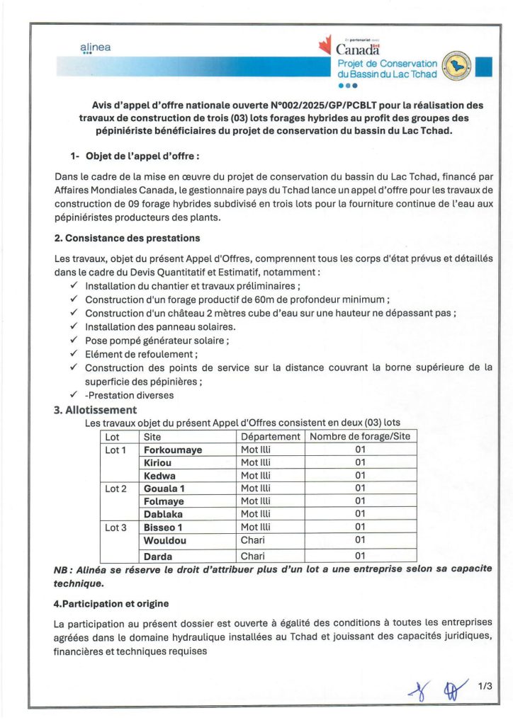 Avis d'appel d'offre nationale de l'ONG Alinea pour la réalisation des ...