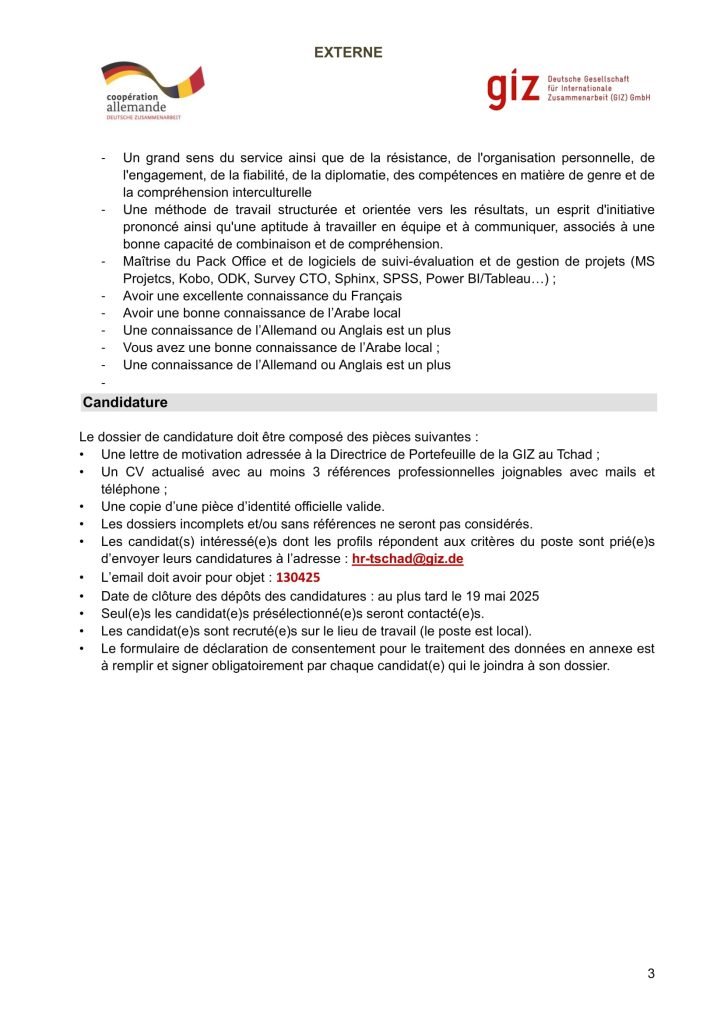GIZ lance un avis de recrutement d'un(e) Expert(e) en Suivi et Evaluation, Abéché, Tchad ...