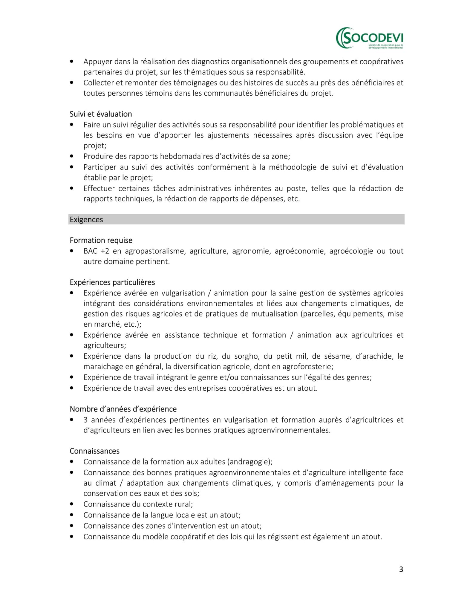 SOCODEVI recrute Dix (10) Animateurs en agroenvironnement et adaptation ...