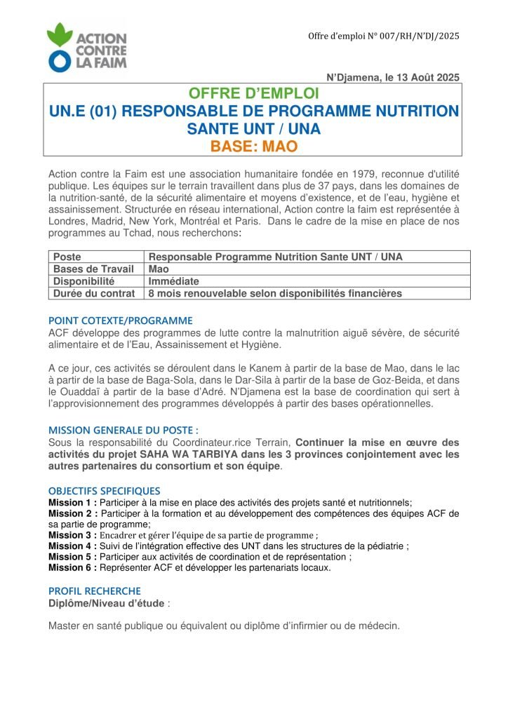 Action Contre la Faim recrute un(e) Responsable de Programme Nutrition ...