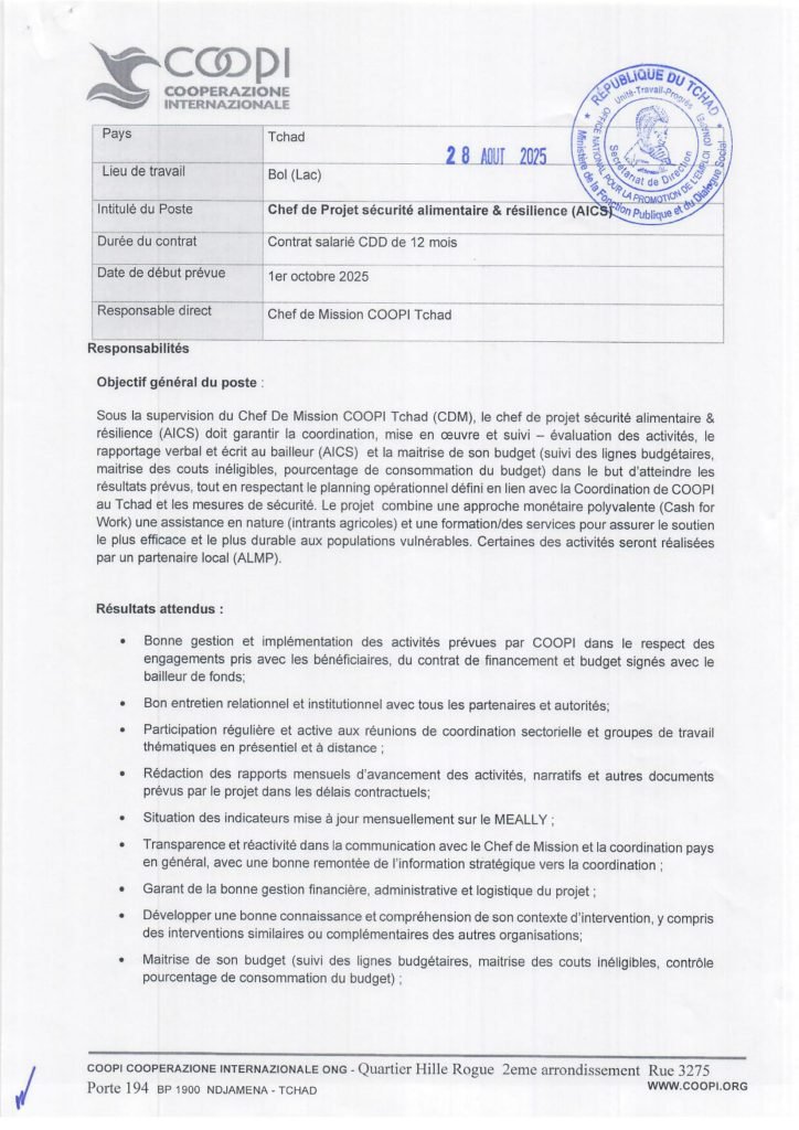 Offre d’Emploi : COOPI Recrute un Chef de Projet Sécurité Alimentaire ...