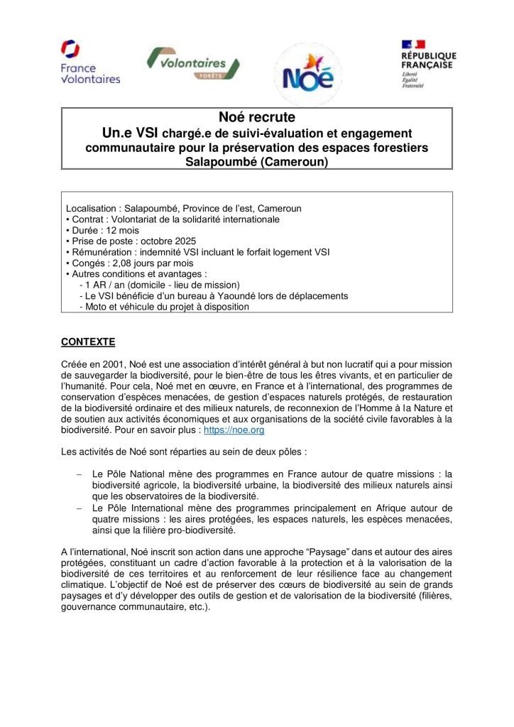 Noé recrute un Chargé de suivi-évaluation et engagement communautaire ...