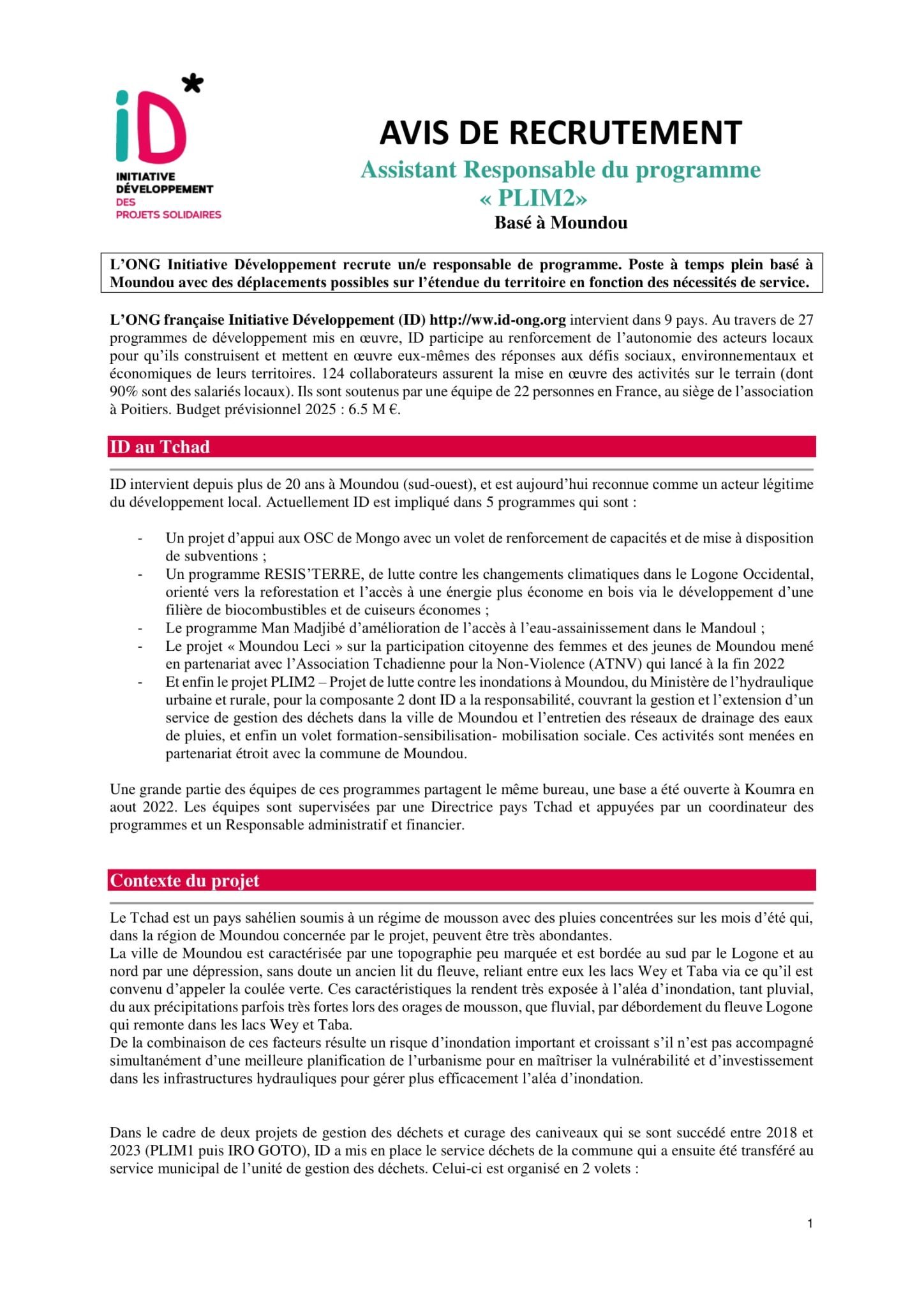 Initiative Développement (ID) recrute un Assistant Responsable du ...