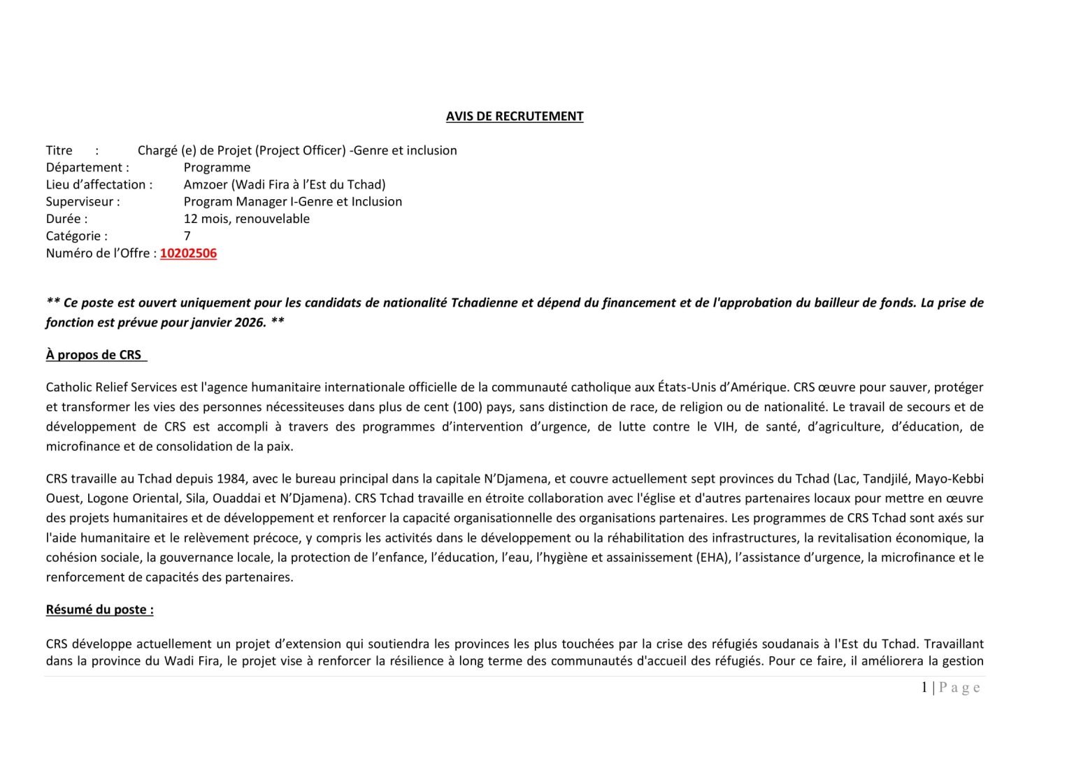 Catholic Relief Services recrute à Wadi Fira un(e) Chargé(e) de Projet ...