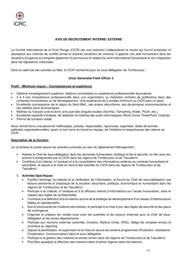 CICR recrute un Generalist Field Officer 3 (H/F) à Tombouctou, Mali ...
