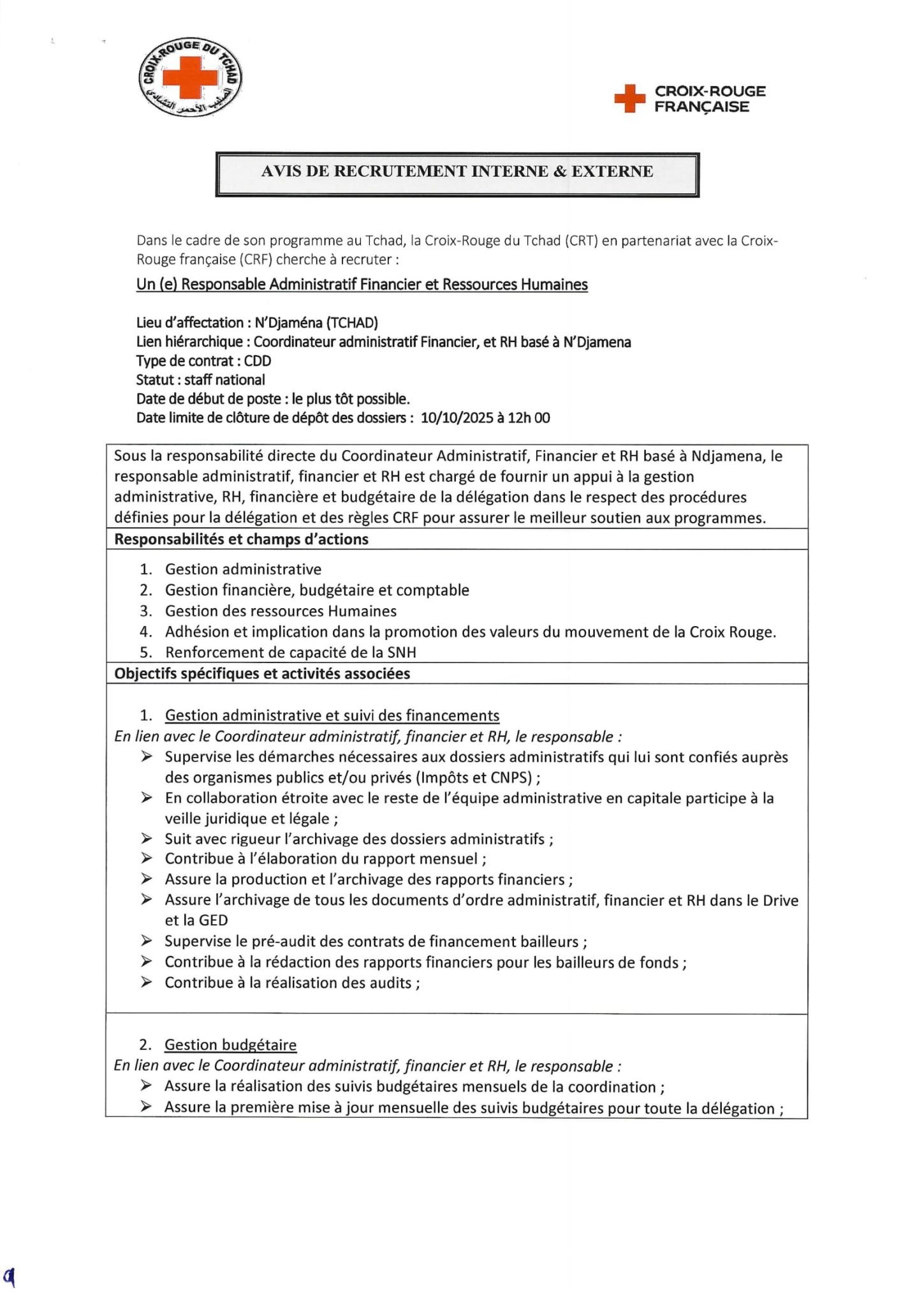 La Croix-Rouge du Tchad recrute un Responsable Administratif Financier ...