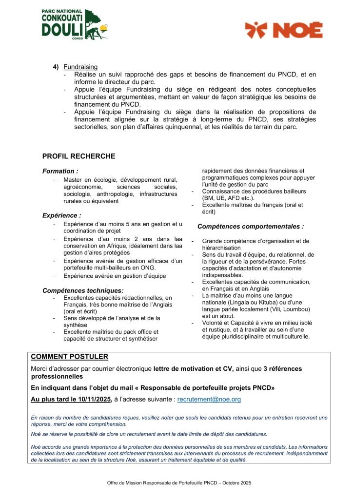 Noé recrute un Responsable de Portefeuille (H/F), République du Congo ...