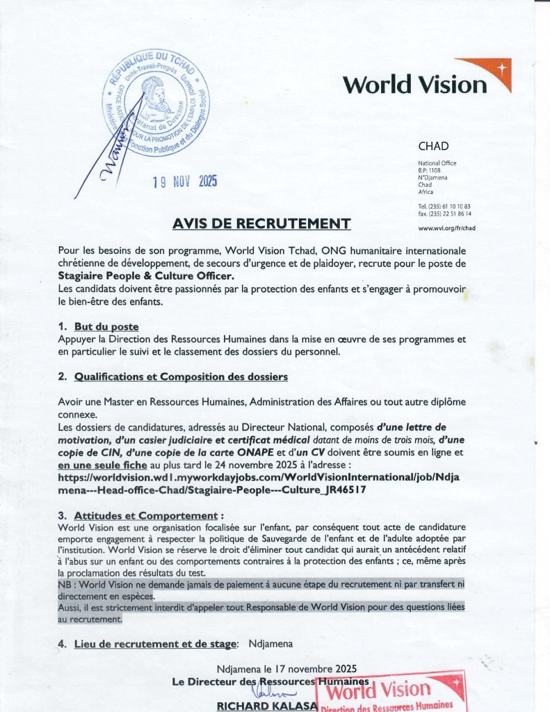 World Vision lance un avis d'appel à candidatures pour le recrutement d ...