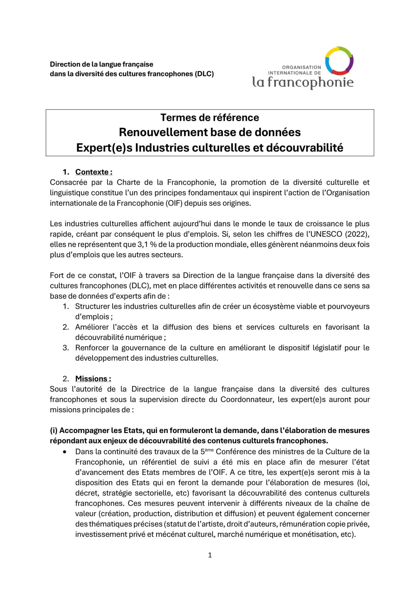 Appel à candidatures de l’OIF pour le recrutement de 50 Expert(e)s Industries culturelles et ...
