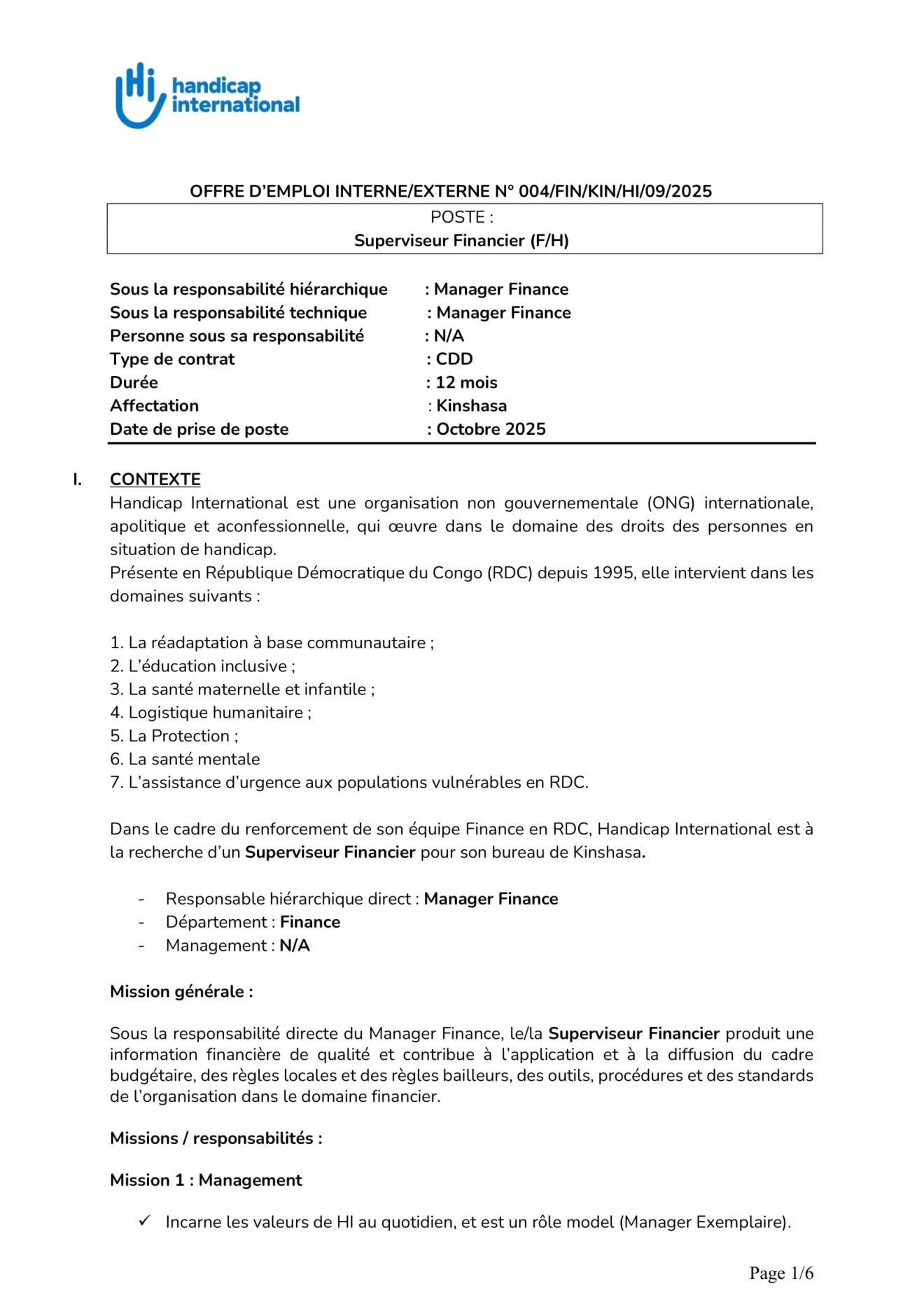 Humanité et Inclusion (HI) recrute un Superviseur Financier (H/F) basé ...