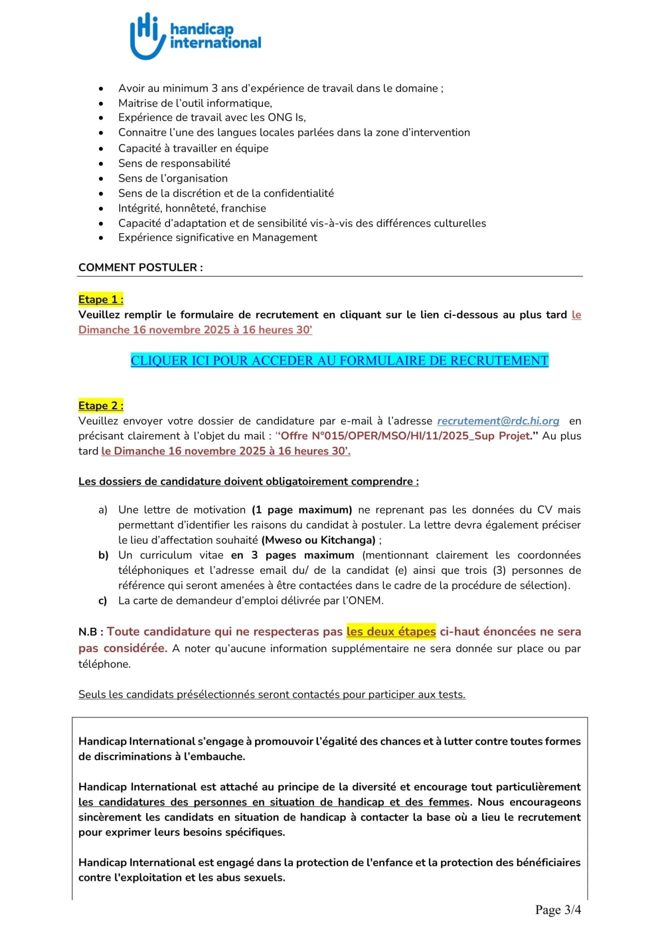 Humanité et Inclusion (HI) recrute Quatre (04) Superviseurs projet ...