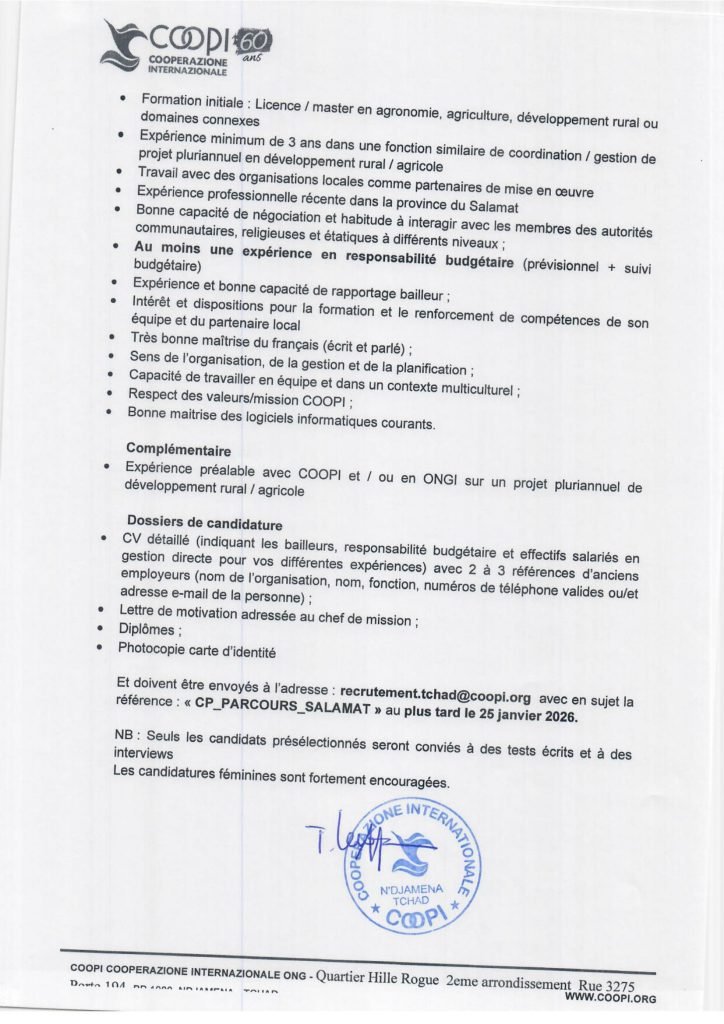 COOPI recherche un(e) Chef(fe) de projet Parcours Salamat, Tchad ...