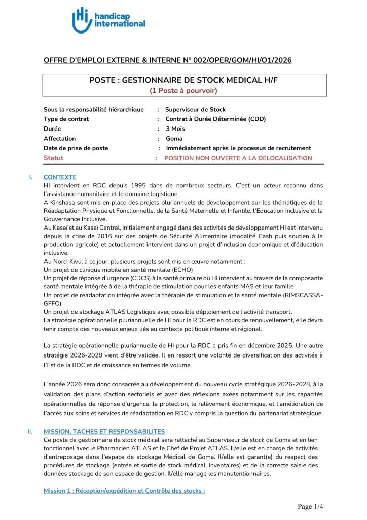 Humanité & Inclusion (HI) recherche un(e) Gestionnaire de stock médical ...