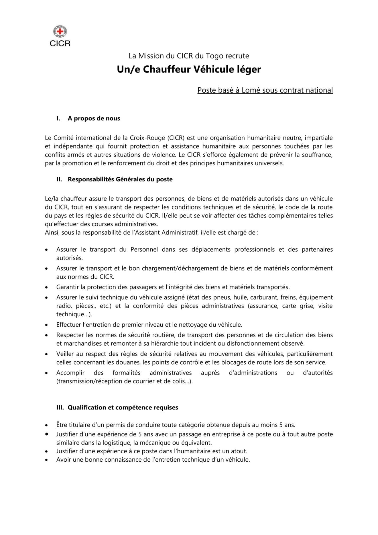 Offre d’emploi : Chauffeur Véhicule Léger (H/F) – CICR Togo, Lomé ...
