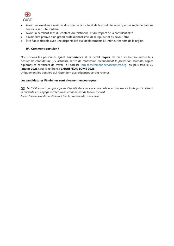 Offre d’emploi : Chauffeur Véhicule Léger (H/F) – CICR Togo, Lomé ...