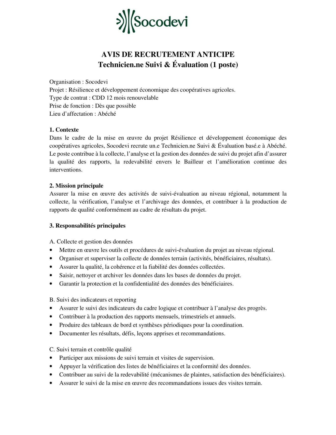 Socodevi recherche un(e) Technicien(ne) Suivi & Evaluation basé(e) à ...