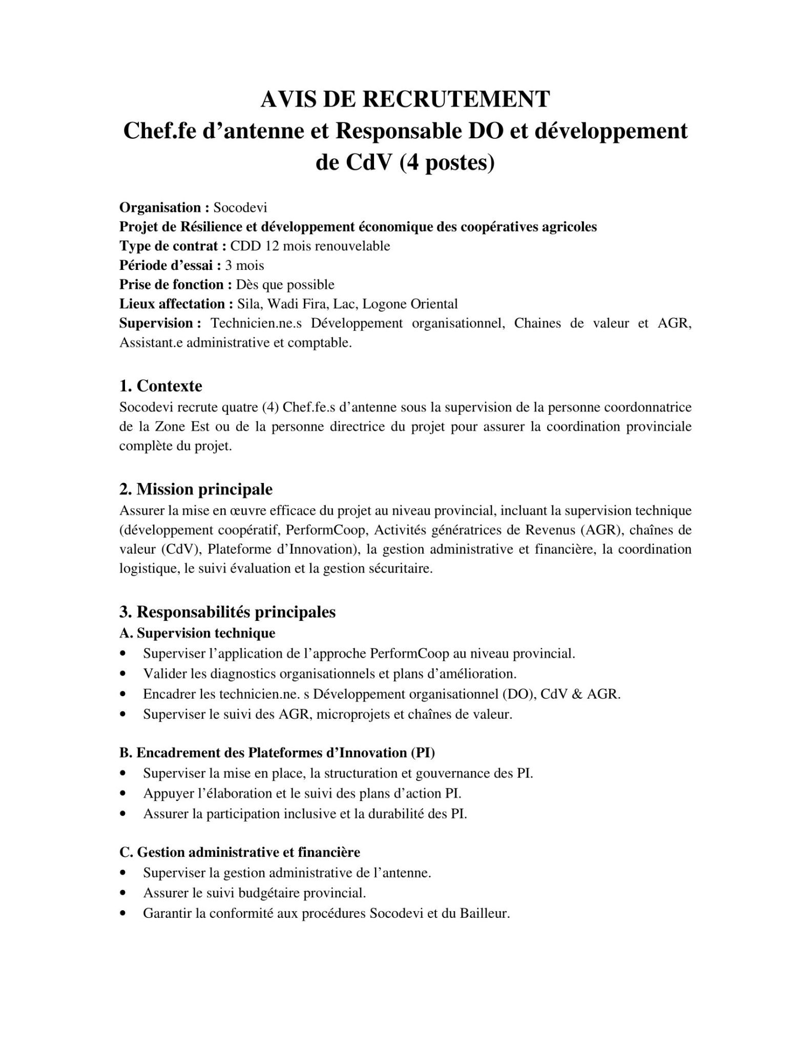 Socodevi recrute quatre (04) Chefs d’antenne, Tchad - Opportunités du Monde