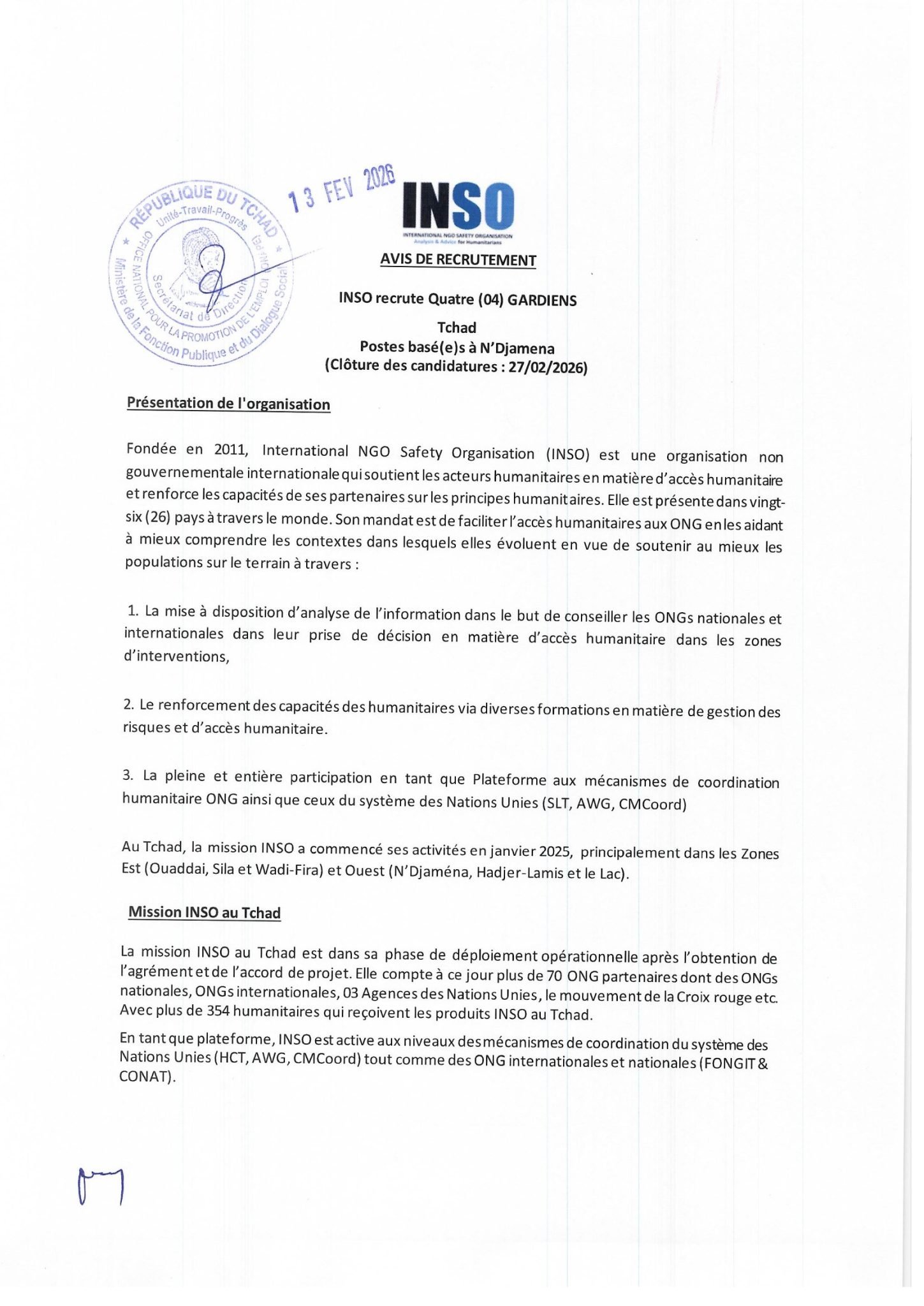 INSO au Tchad recherche (04) Gardiens, postes basés à N'Djamena ...