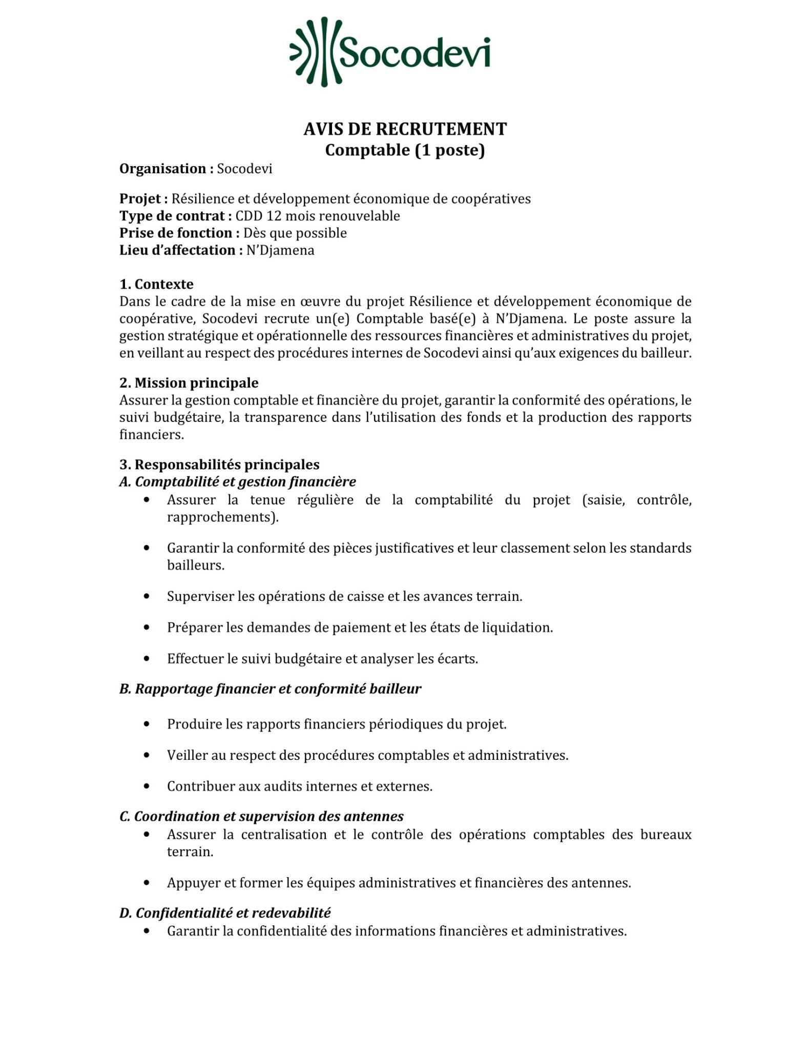 Socodevi recherche un(e) Comptable basé(e) à N'Djamena, Tchad ...